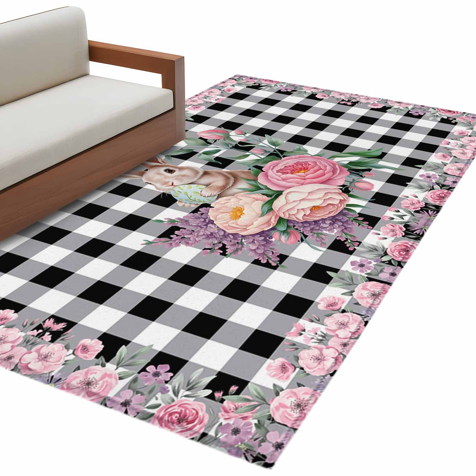 Easter Rabbit Washable Area Rug 3 x 5 ft Spring Pink Purple Floral Eggs ...