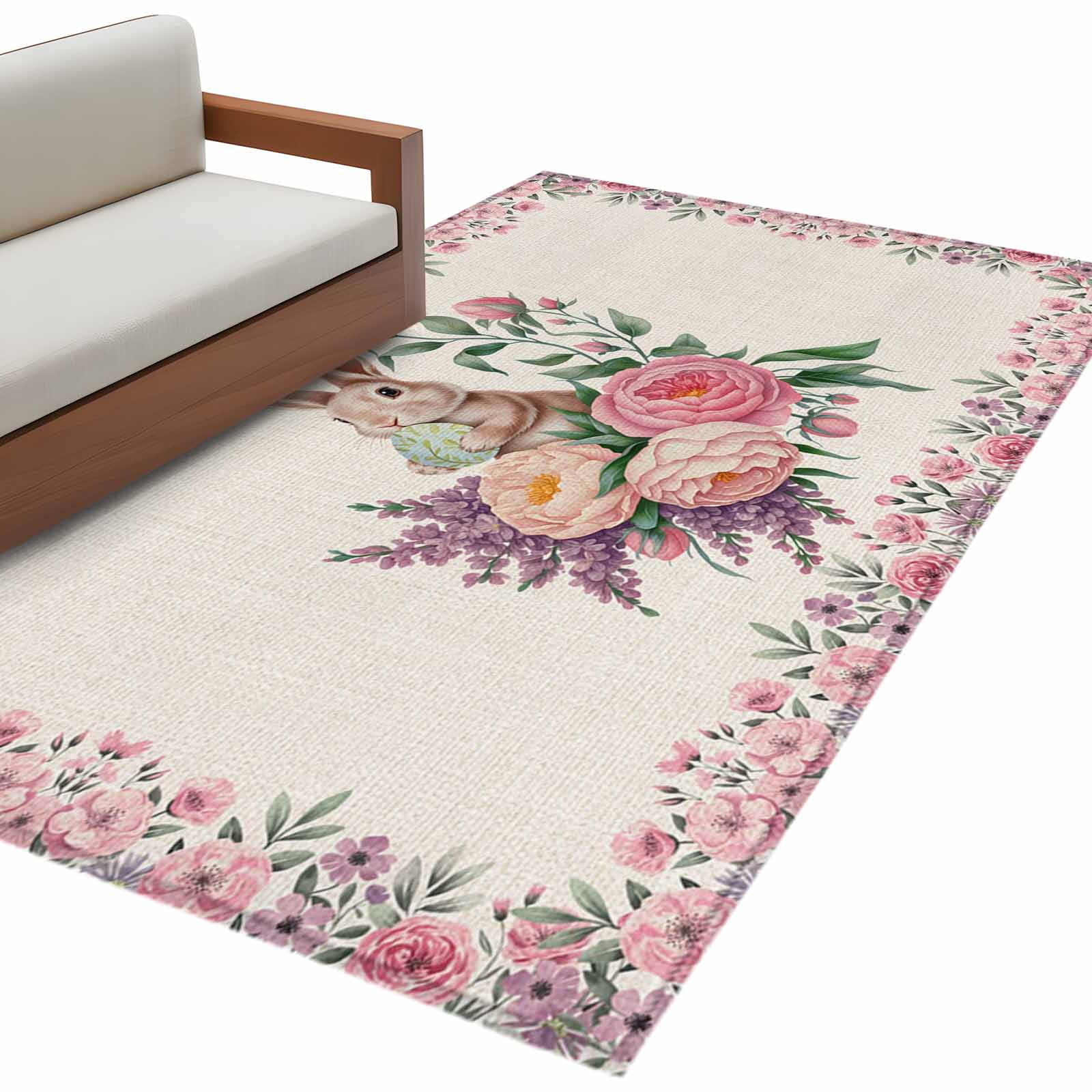 Easter Rabbit Washable Area Rug 3 x 5 ft Spring Pink Purple Floral Eggs ...