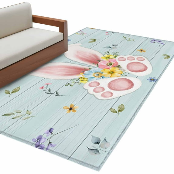 Easter Rabbit Washable Area Rug 4 x 6 ft Spring Bunny Ears Foot Floral ...