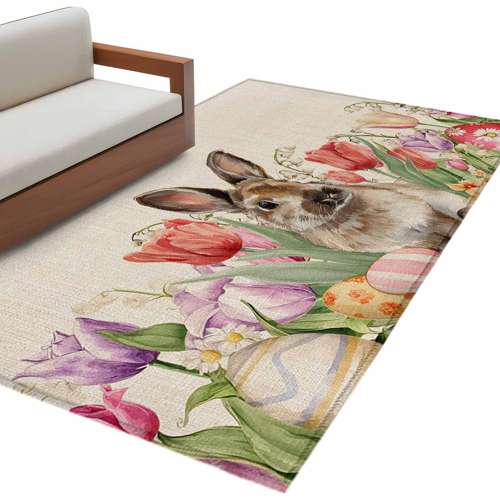 Easter Rabbit Washable Area Rug 4 x 6 ft Spring Eggs Purple Red Yellow ...