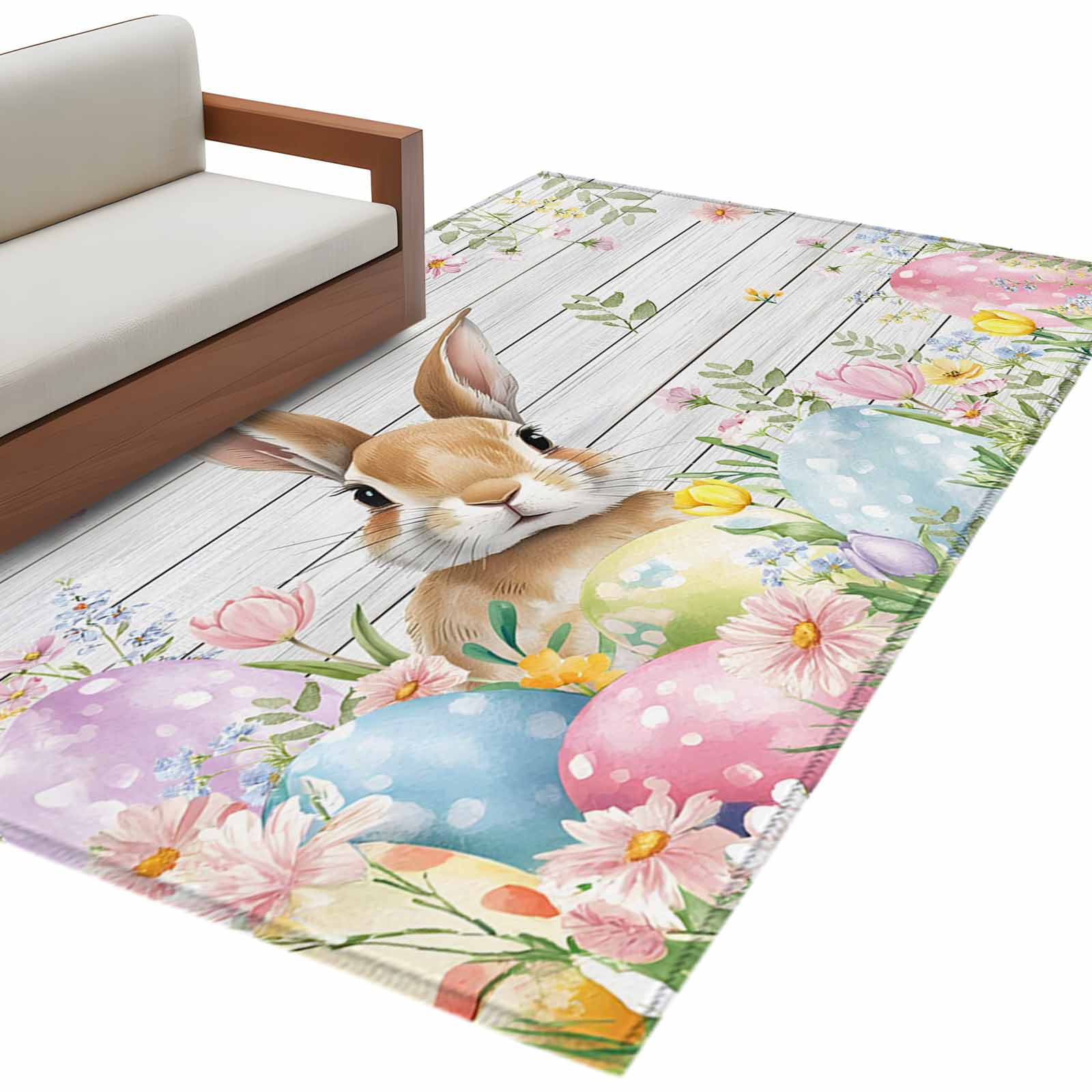 Easter Rabbit Washable Area Rug 4 x 6 ft Spring Floral Colored Eggs ...