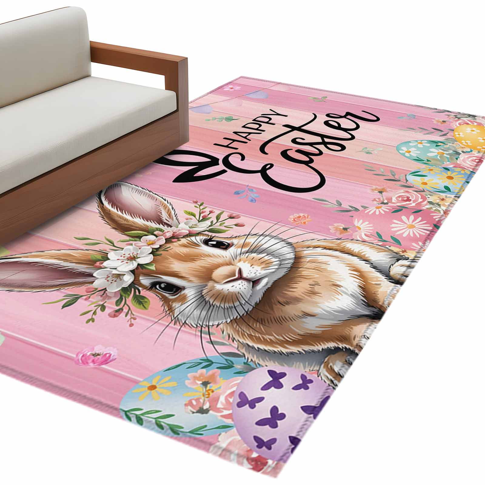 Easter Rabbit Washable Area Rug 4 x 6 ft Watercolor Floral Bunny Eggs ...