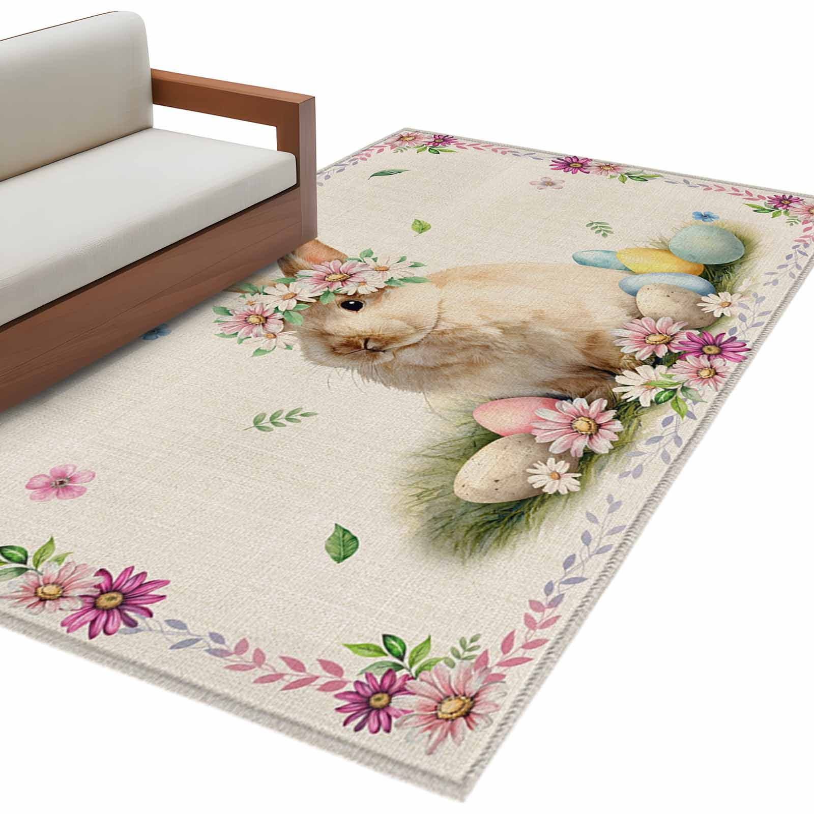 Easter Rabbit Washable Area Rug 4 x 6 ft Watercolor Spring Bunny Eggs ...