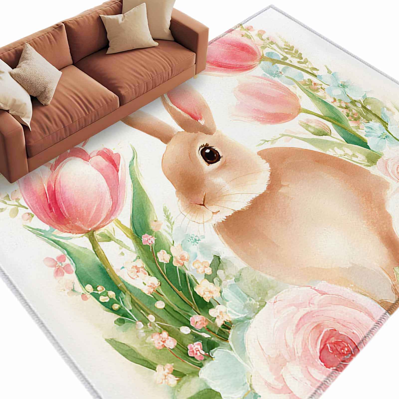 Easter Rabbit Washable Area Rug 5 x 7 ft Spring Country Bunny Pink ...