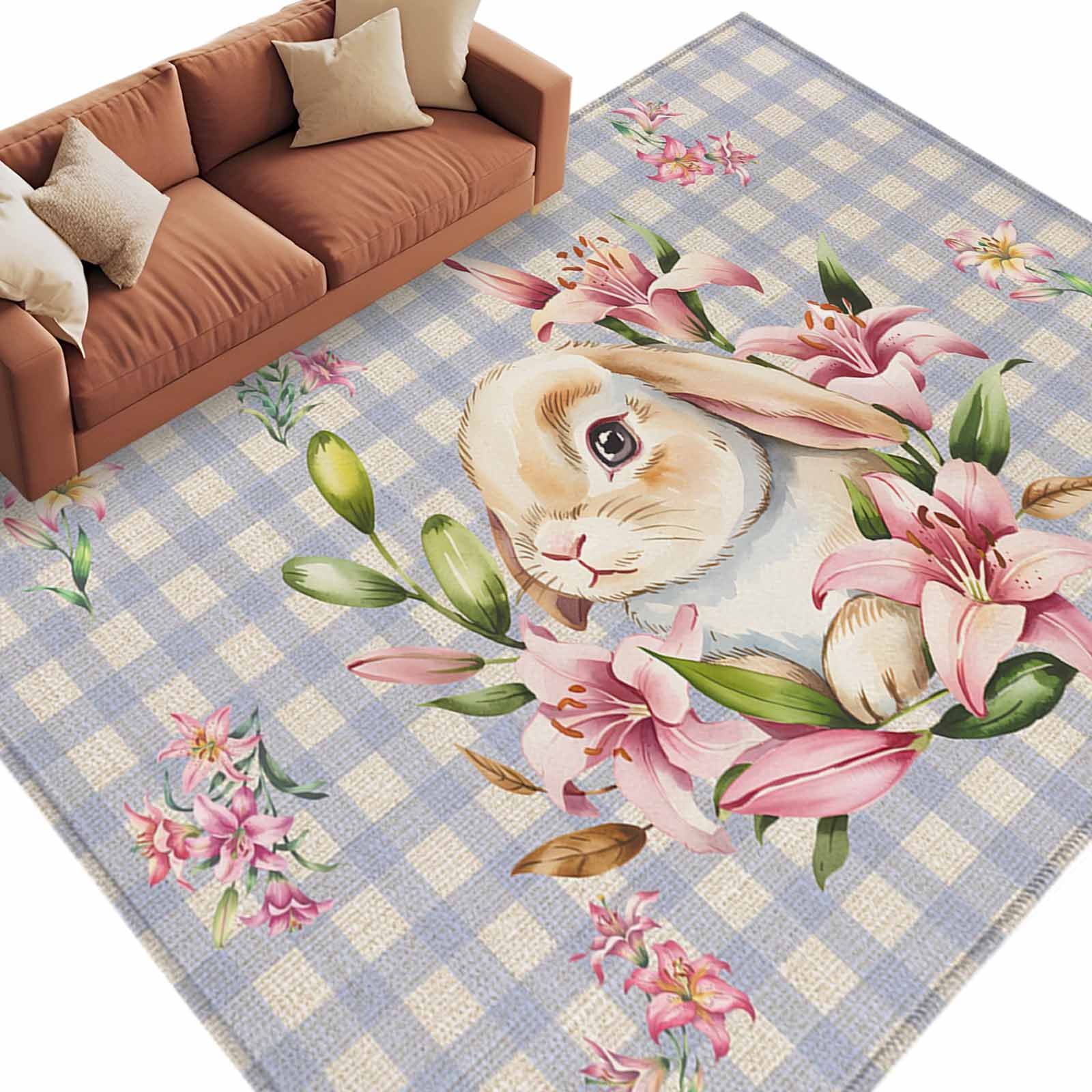 Easter Rabbit Washable Area Rug 5 x 7 ft Vintage Spring Pink Floral ...