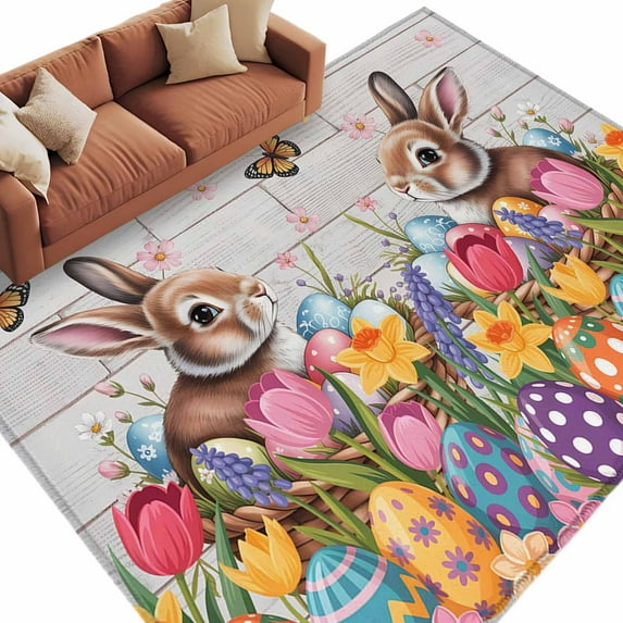 Easter Rabbit Washable Area Rug 5 x 8 ft Spring Basket Eggs Bunny ...