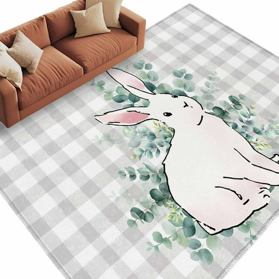 Easter Rabbit Washable Area Rug 5 x 8 ft Spring Bunny Eucalyptus Leaves ...