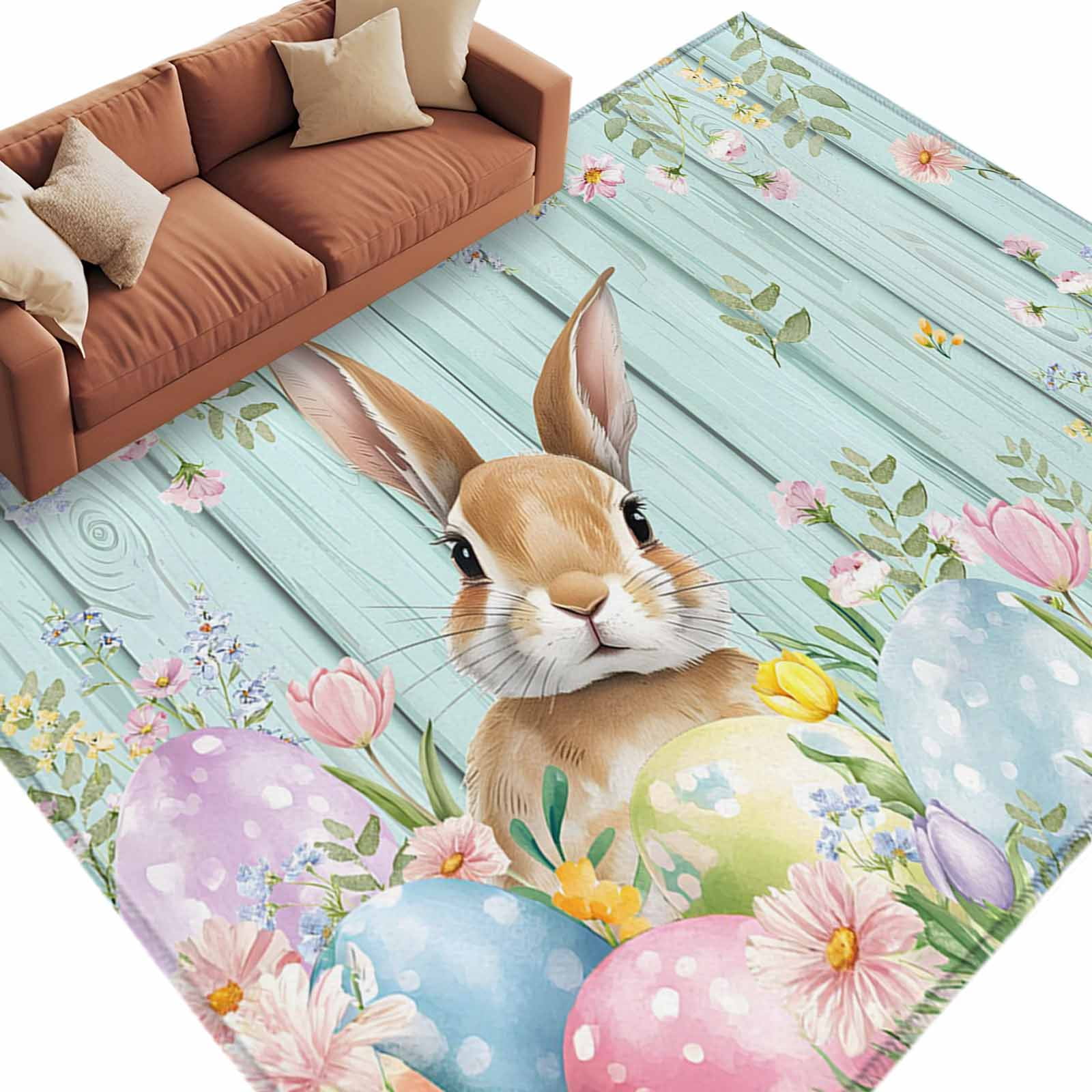 Easter Rabbit Washable Area Rug 5 x 8 ft Spring Floral Colored Eggs ...