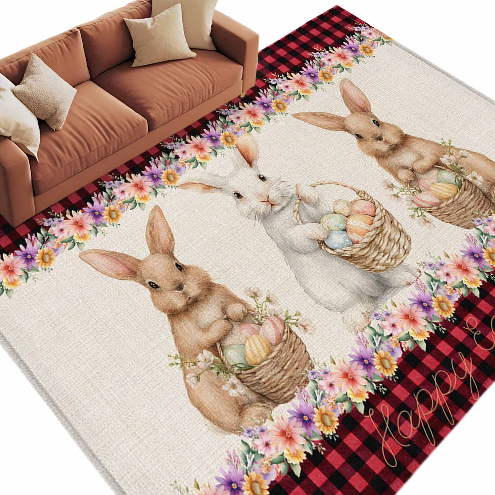Easter Rabbit Washable Area Rug 5 x 8 ft Watercolor Basket Eggs Floral ...
