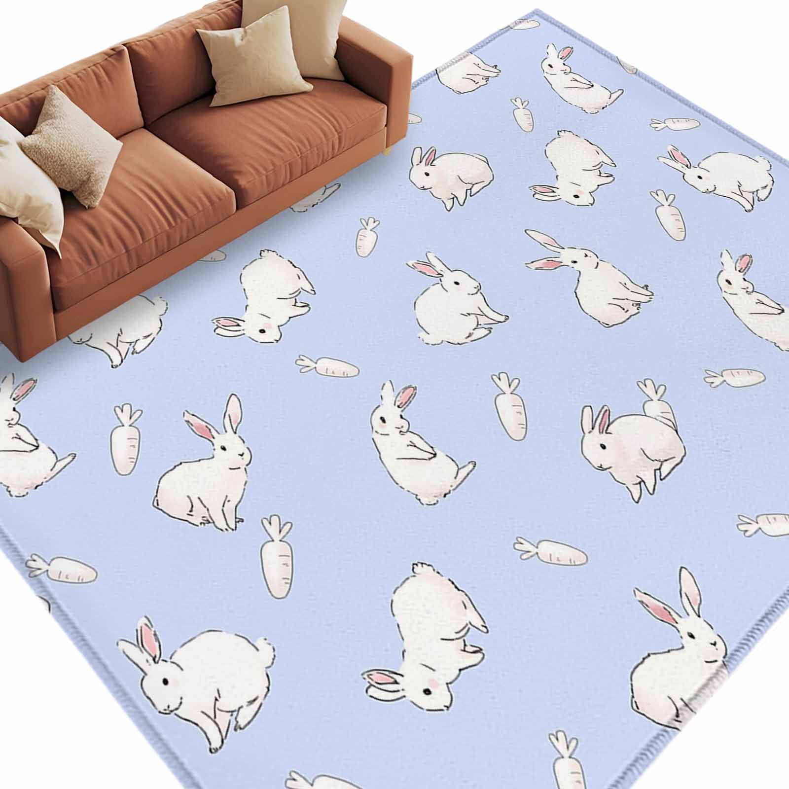 Easter Rabbit Washable Area Rug 6 x 9 ft Cute White Bunny Carrots Blue ...