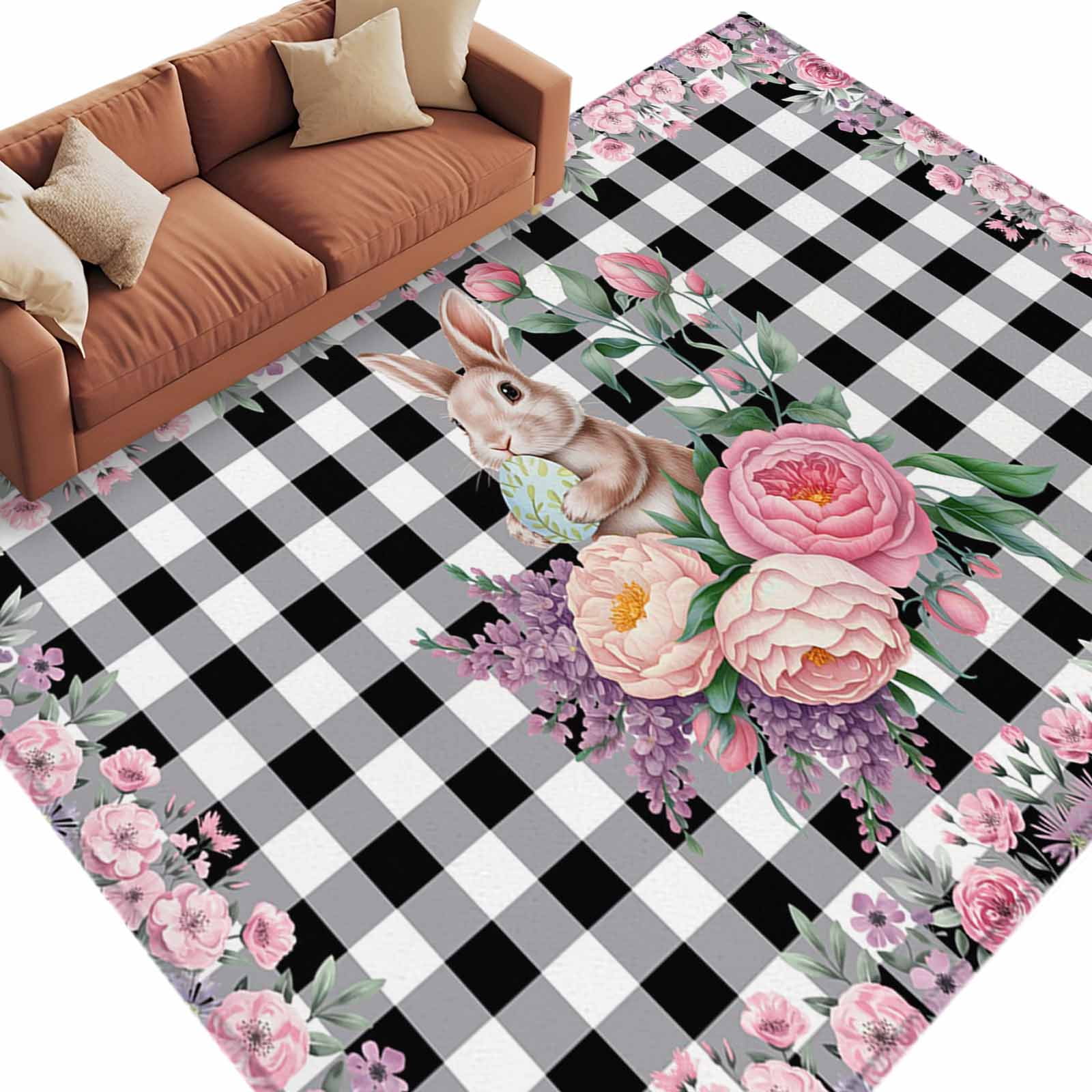 Easter Rabbit Washable Area Rug 6 x 9 ft Spring Pink Purple Floral Eggs ...