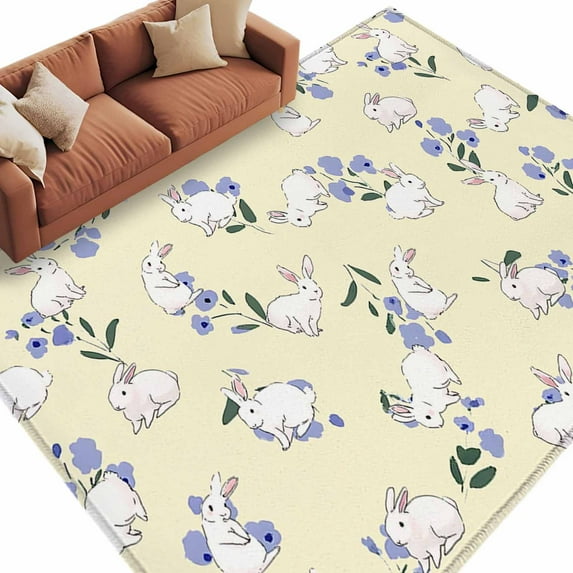 Easter Rabbit Washable Area Rug 8 x 10 ft Cute White Bunny Purple ...
