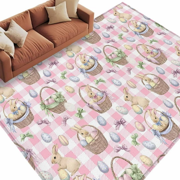 Easter Rabbit Washable Area Rug 8 x 10 ft Spring Colorful Eggs Bowknots ...