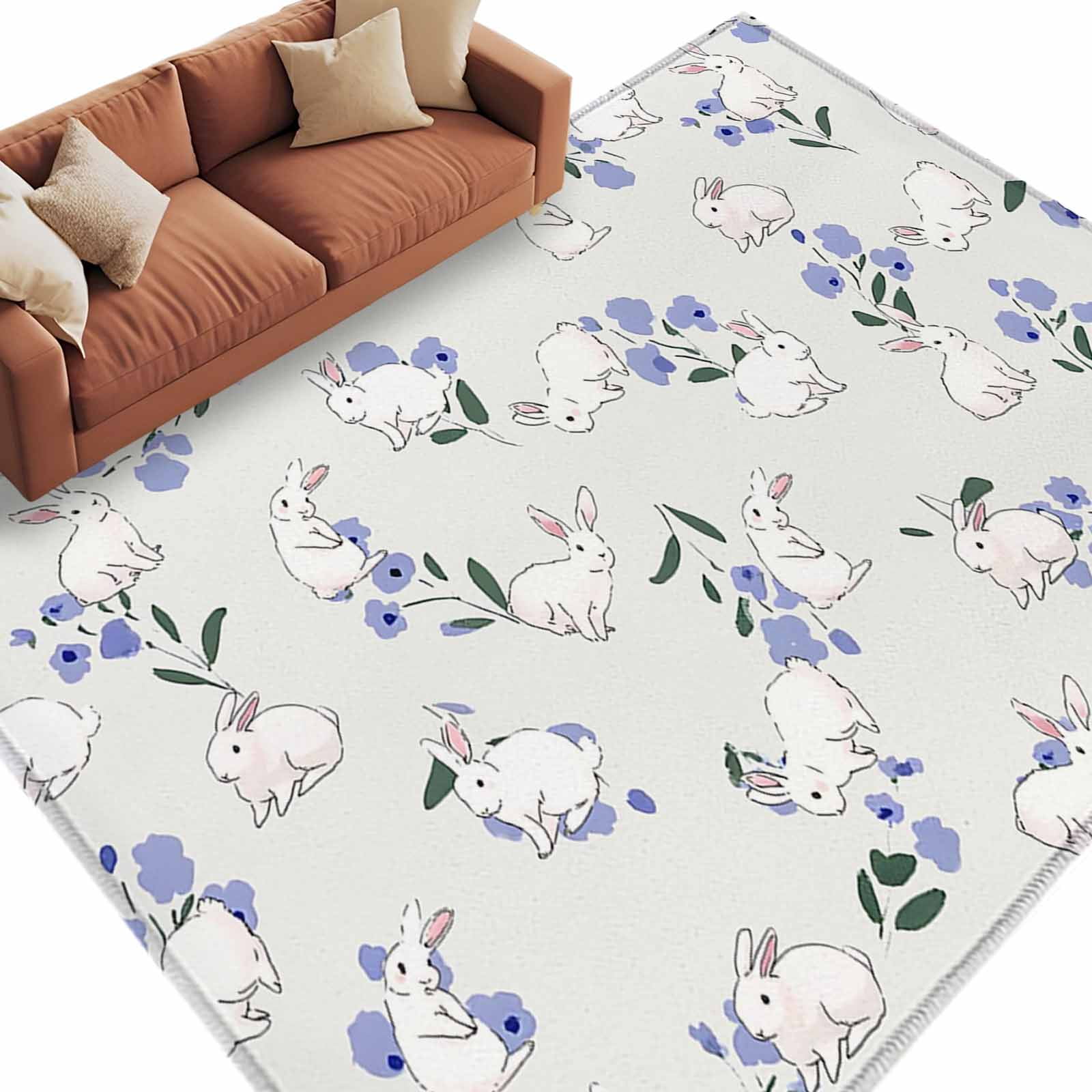 Easter Rabbit Washable Area Rug 8 x 10 ft Spring Cute White Bunny ...
