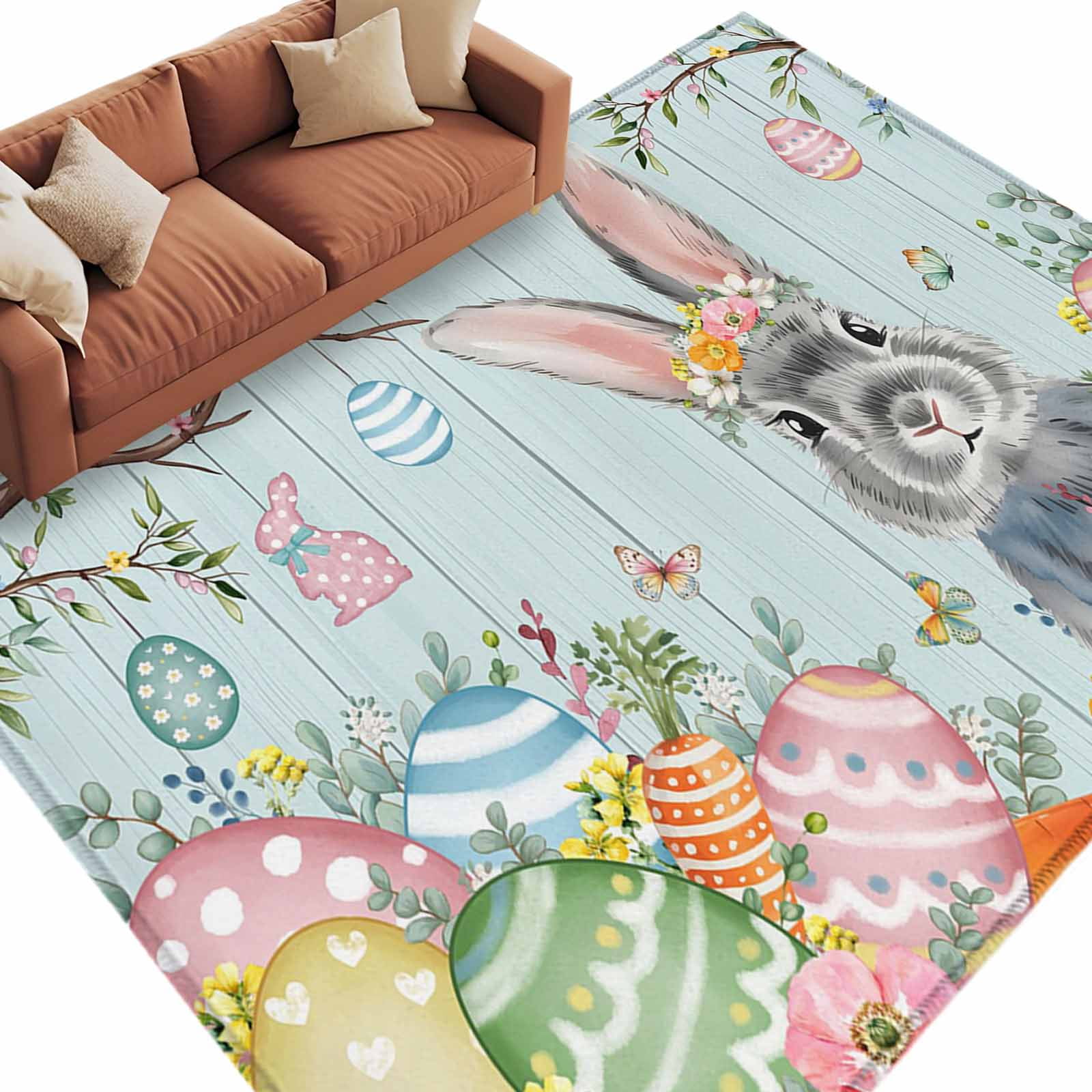 Easter Rabbit Washable Area Rug 8 x 10 ft Spring Floral Eggs Branches ...