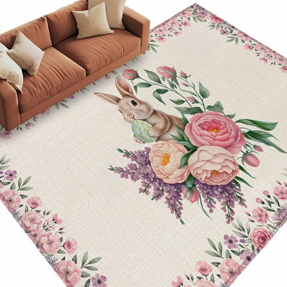 Easter Rabbit Washable Area Rug 8 x 10 ft Spring Pink Purple Floral ...