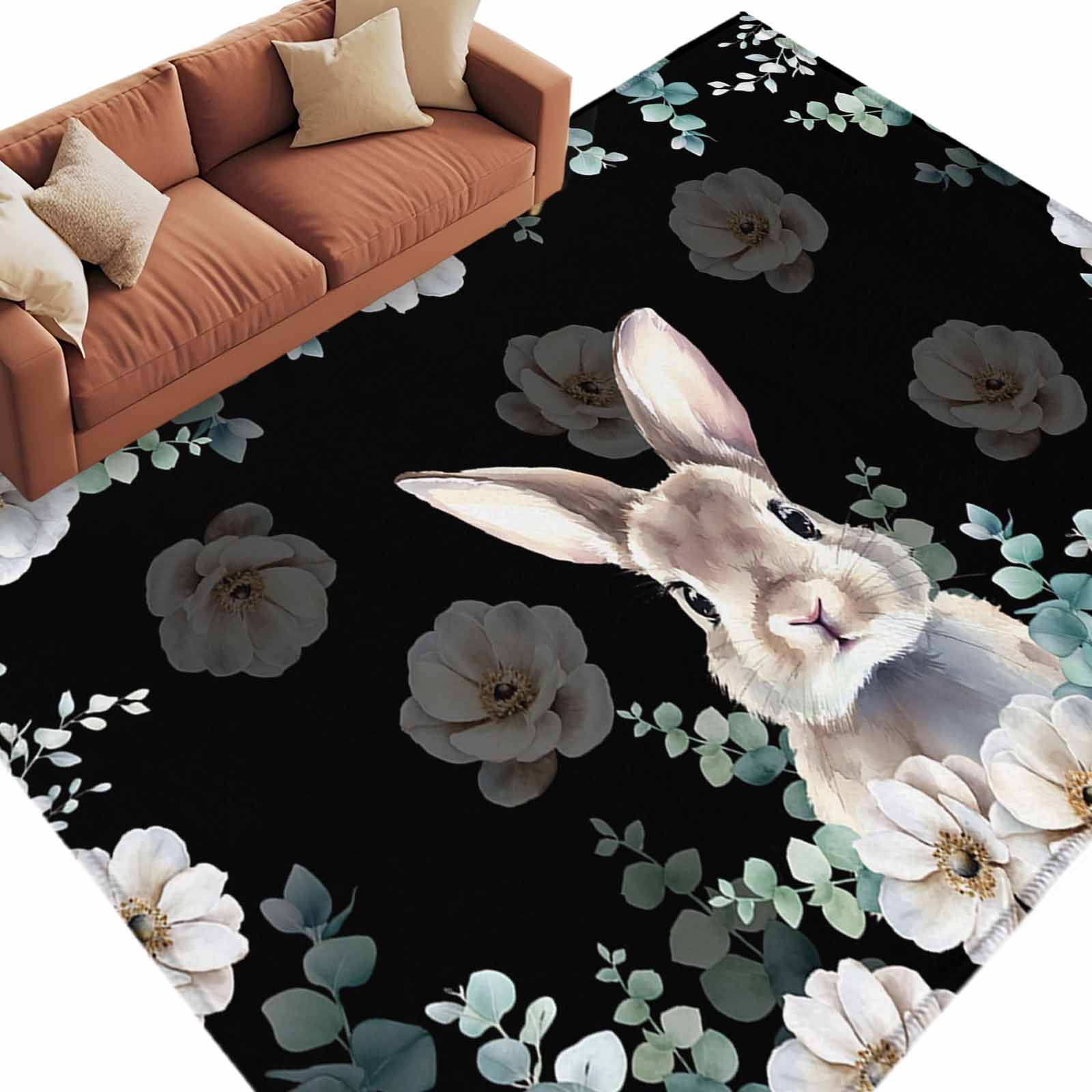 Easter Rabbit Washable Area Rug 8 x 10 ft Watercolor Bunny White Floral ...