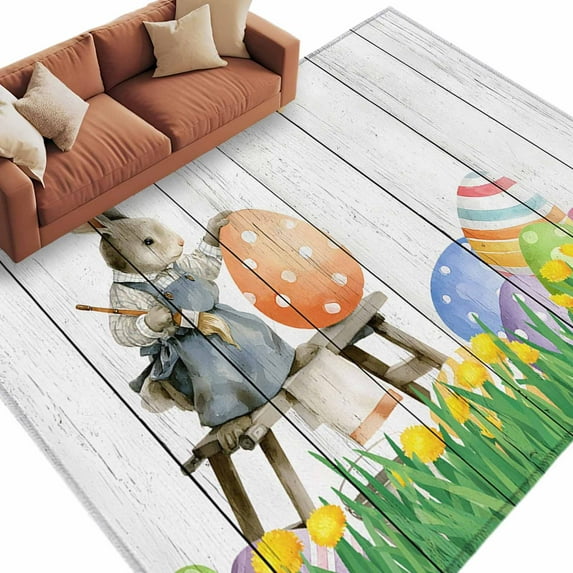 Easter Rabbit Washable Area Rug 8 x 10 ft Watercolor Eggs Yellow Floral ...
