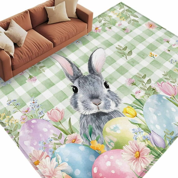 Easter Rabbit Washable Area Rug 8 x 10 ft Watercolor Floral Colored ...