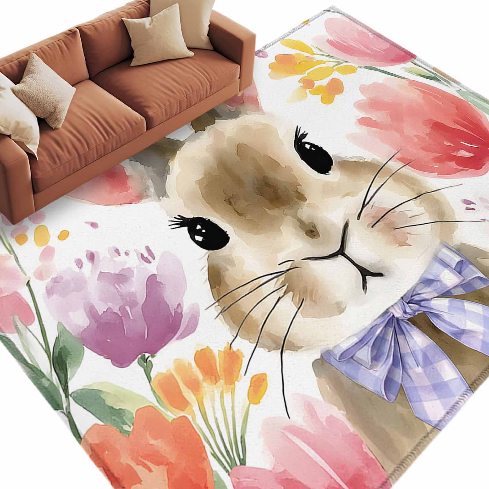 Easter Rabbit Washable Area Rug 8 x 10 ft Watercolor Pink Bowknot Bunny ...