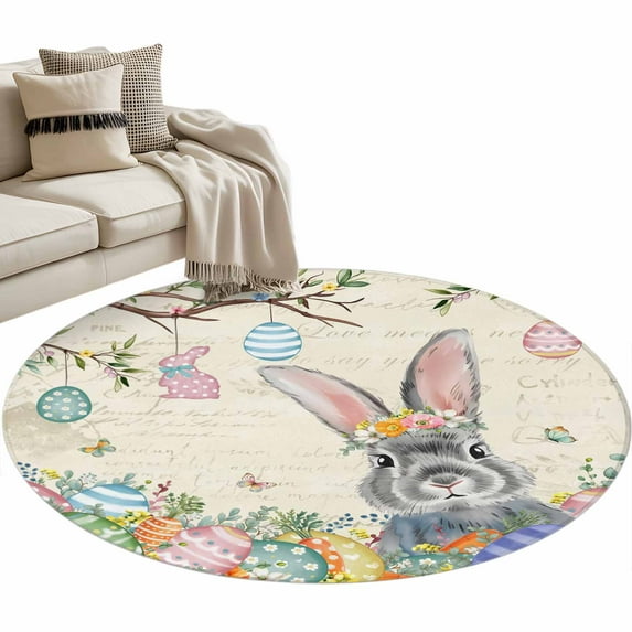 Easter Rabbit Washable Round Area Rug 3.3 ft, Spring Floral Eggs ...