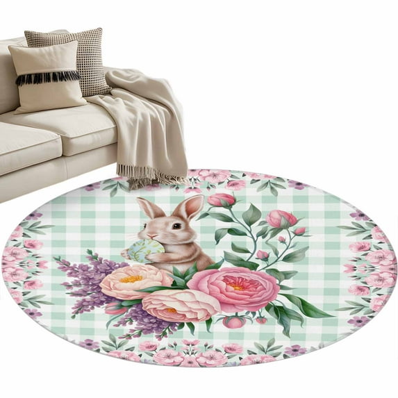 Easter Rabbit Washable Round Area Rug 3.3 ft, Spring Pink Purple Floral ...
