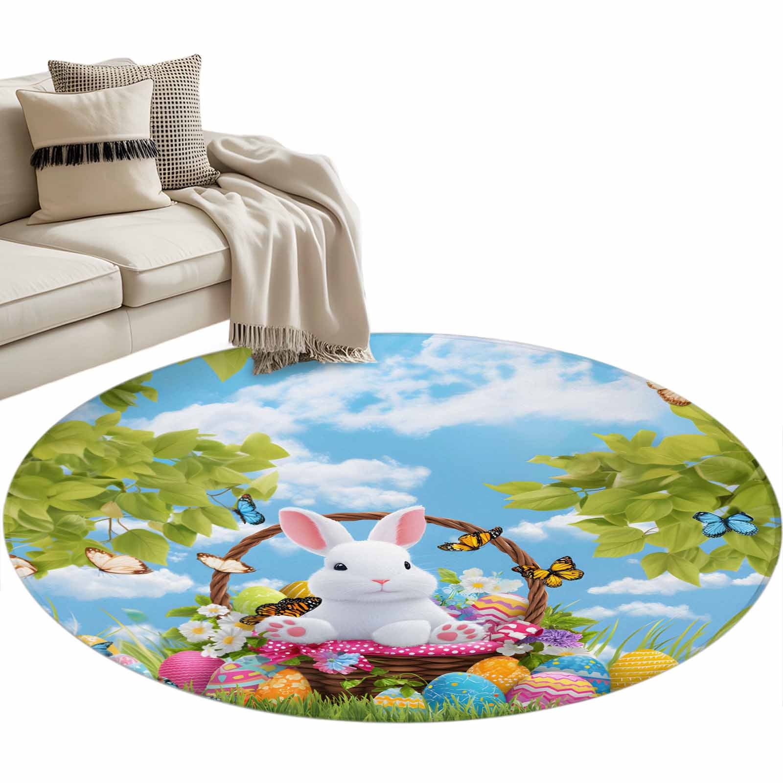 Easter Rabbit Washable Round Area Rug 3 ft, Spring Bunny Eggs Butterfly ...