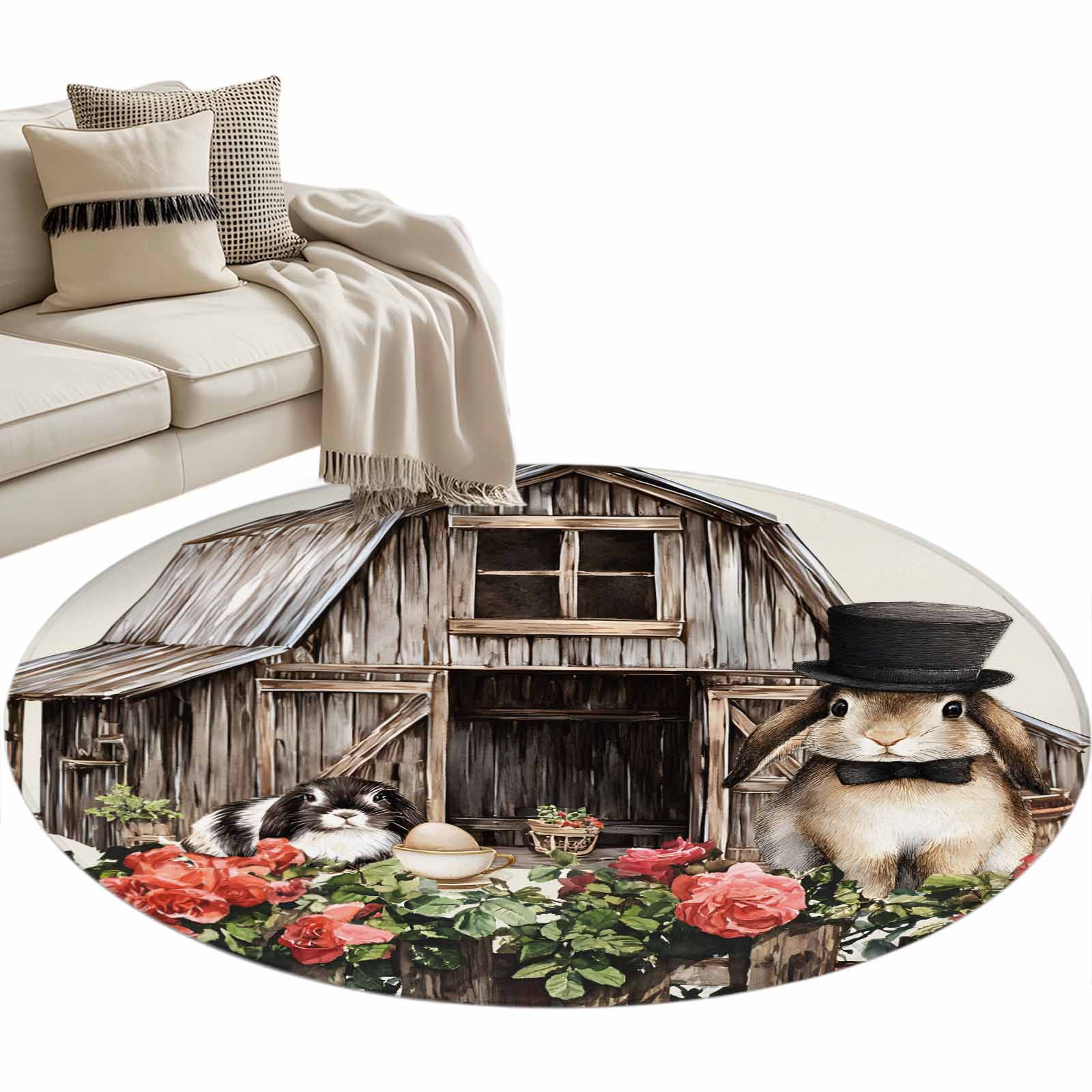Easter Rabbit Washable Round Area Rug 4 ft, CuteTop Hat Bunny Eggs ...
