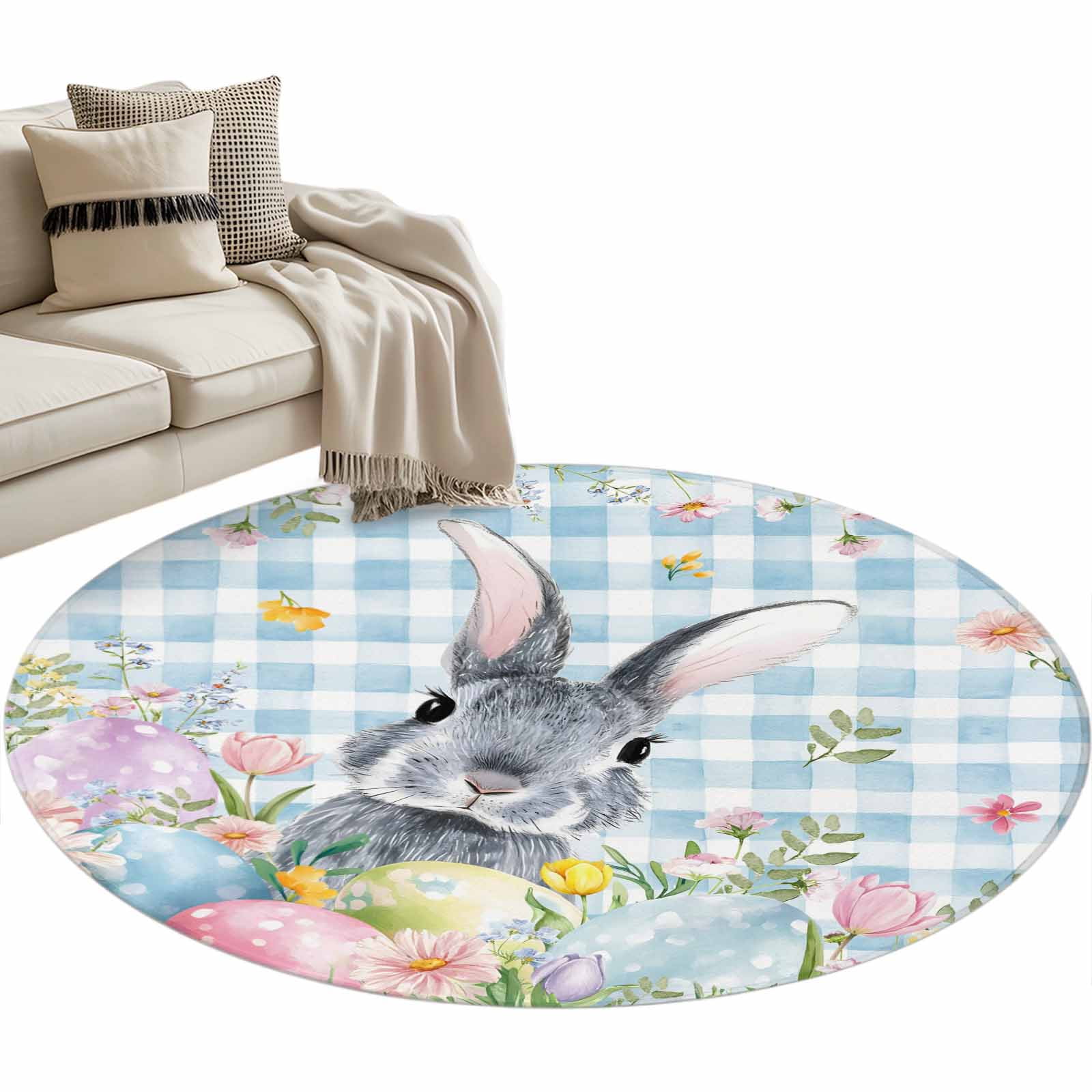 Easter Rabbit Washable Round Area Rug 4 ft, Spring Floral Colored Eggs ...