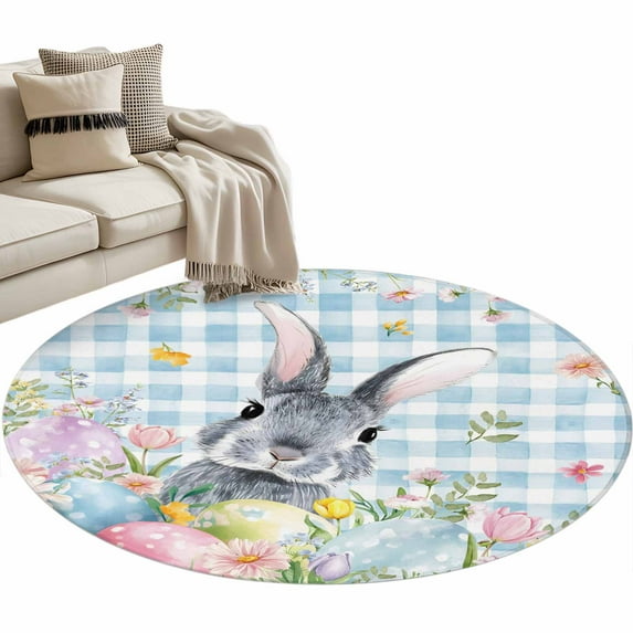 Easter Rabbit Washable Round Area Rug 4 ft, Spring Floral Colored Eggs ...