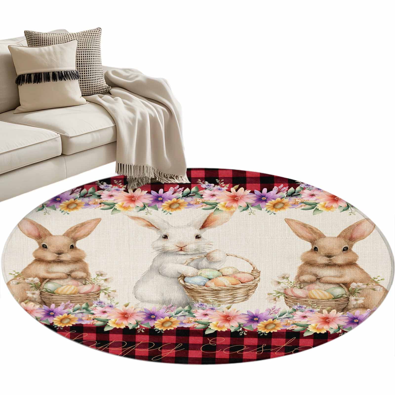 Easter Rabbit Washable Round Area Rug 4 ft, Watercolor Basket Eggs ...