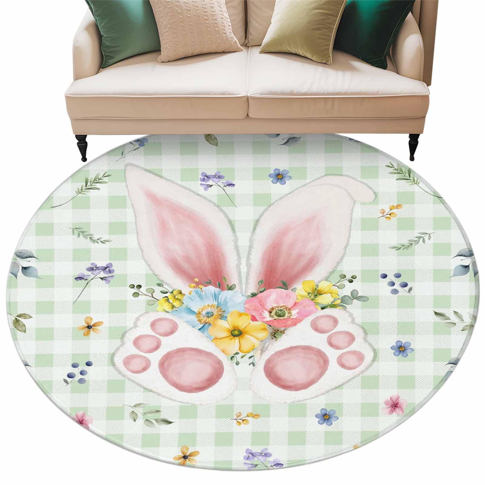 Easter Rabbit Washable Round Area Rug 5 ft, Spring Bunny Ears Foot ...