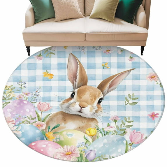 Easter Rabbit Washable Round Area Rug 5 ft, Spring Floral Colored Eggs ...
