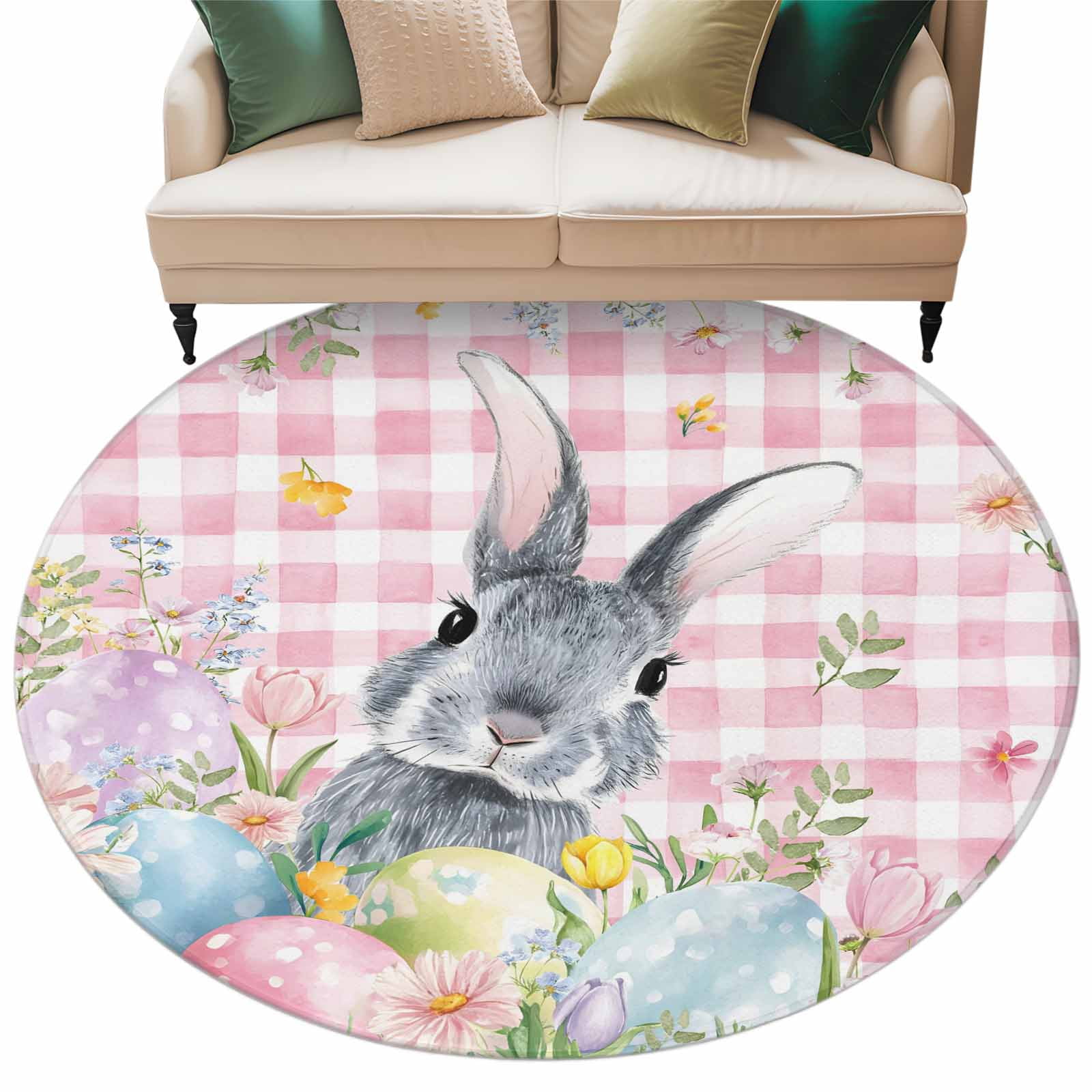 Easter Rabbit Washable Round Area Rug 5 ft, Watercolor Floral Colored ...