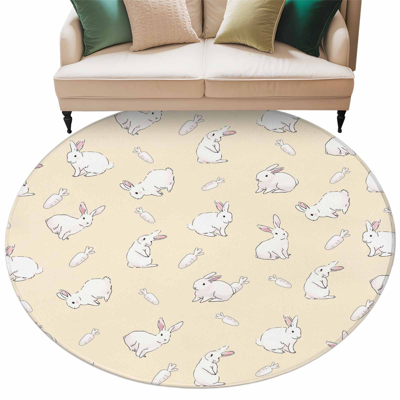 Easter Rabbit Washable Round Area Rug 6 ft, Cute White Bunny Carrots ...