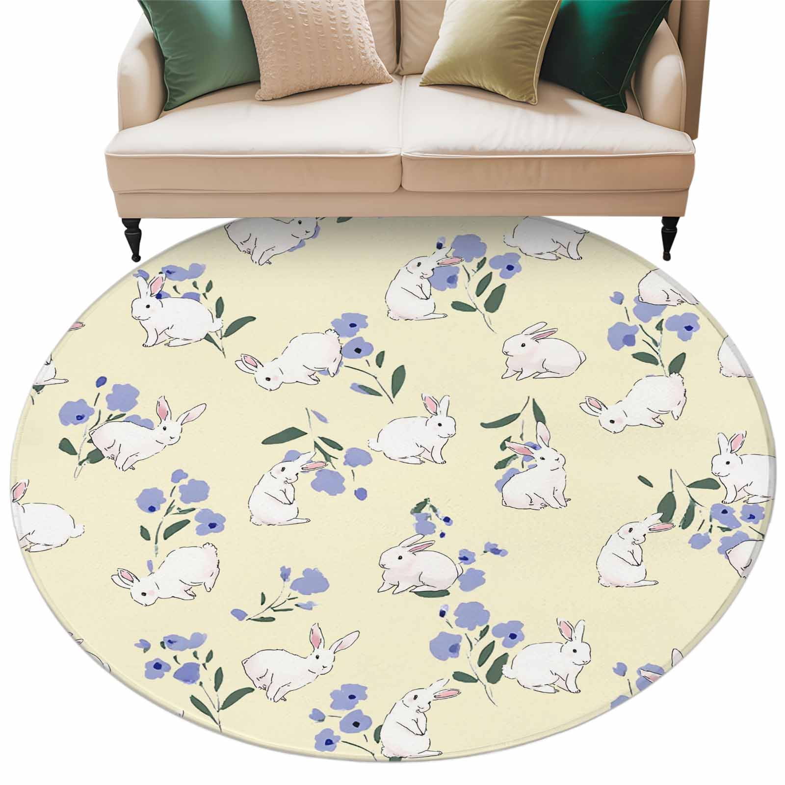 Easter Rabbit Washable Round Area Rug 6 ft, Cute White Bunny Purple ...