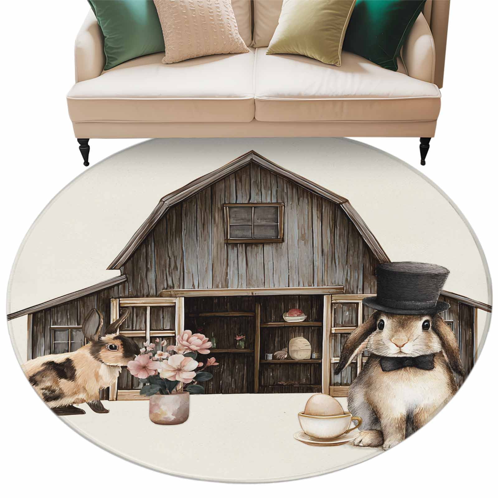 Easter Rabbit Washable Round Area Rug 6 ft, CuteTop Hat Bunny Eggs ...