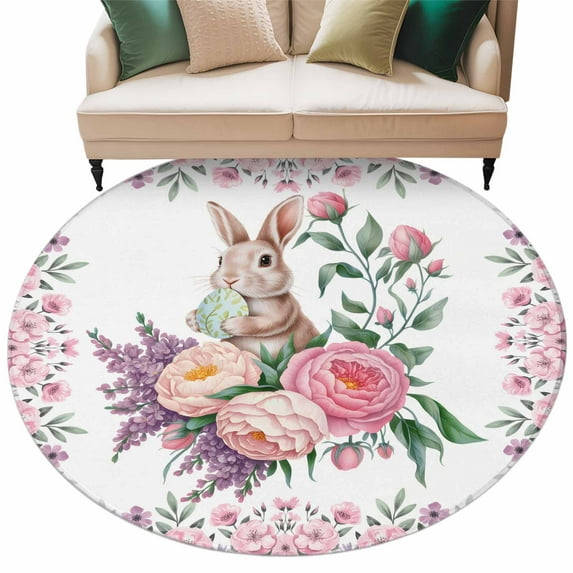 Easter Rabbit Washable Round Area Rug 6 ft, Spring Pink Purple Floral ...