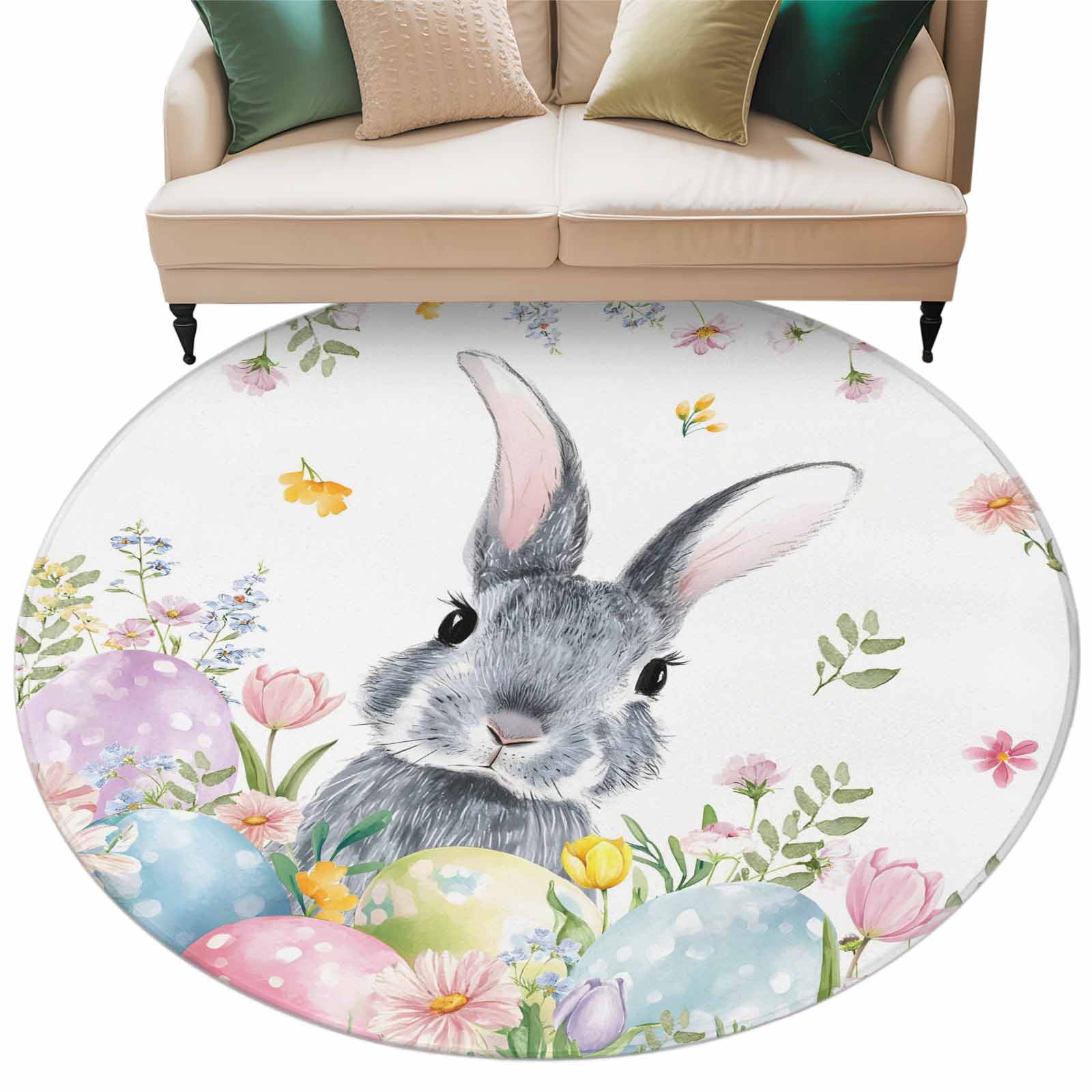 Easter Rabbit Washable Round Area Rug 6 ft, Watercolor Floral Purple ...