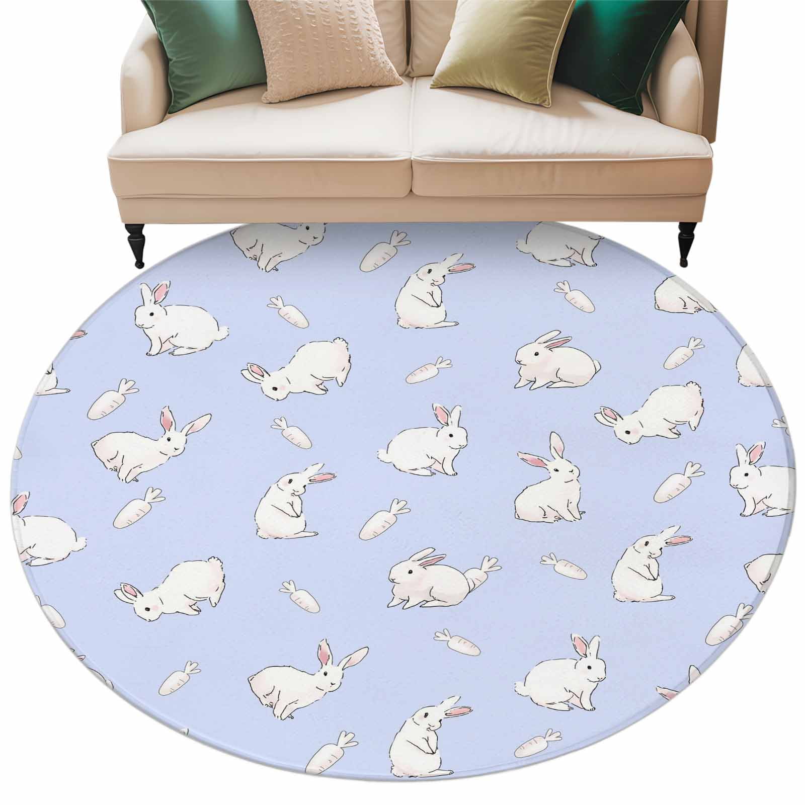 Easter Rabbit Washable Round Area Rug 8 ft, Cute White Bunny Carrots ...