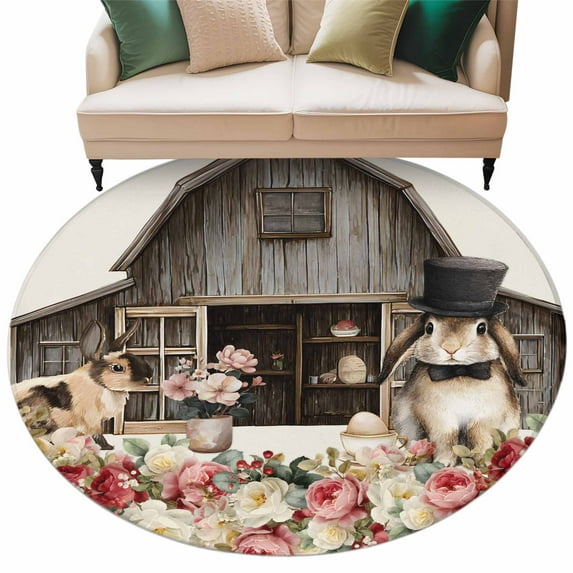 Easter Rabbit Washable Round Area Rug 8 ft, CuteTop Hat Bunny Eggs ...