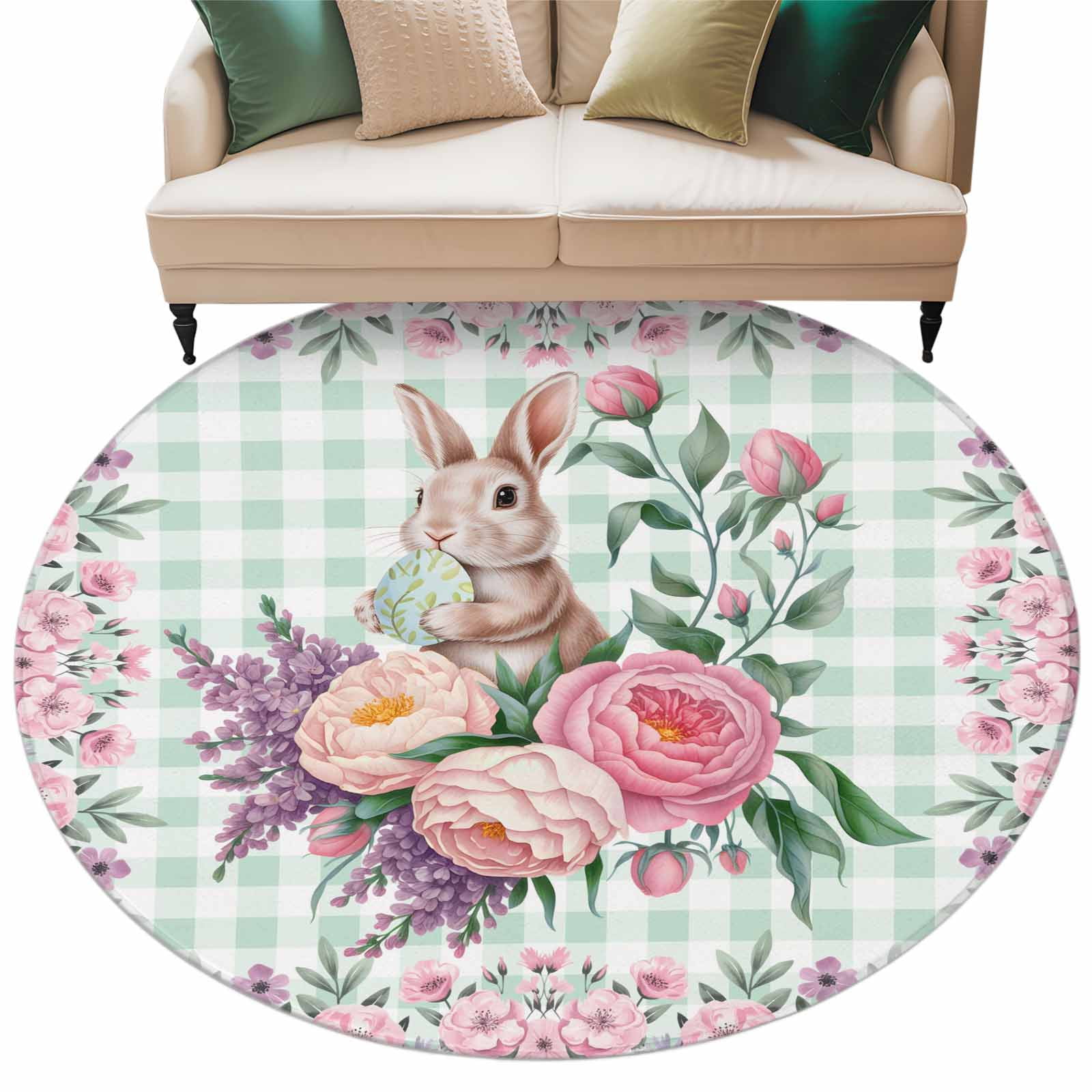 Easter Rabbit Washable Round Area Rug 8 ft, Spring Pink Purple Floral ...