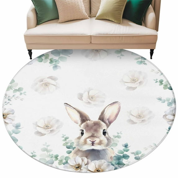 Easter Rabbit Washable Round Area Rug 8 ft, Watercolor Bunny White ...