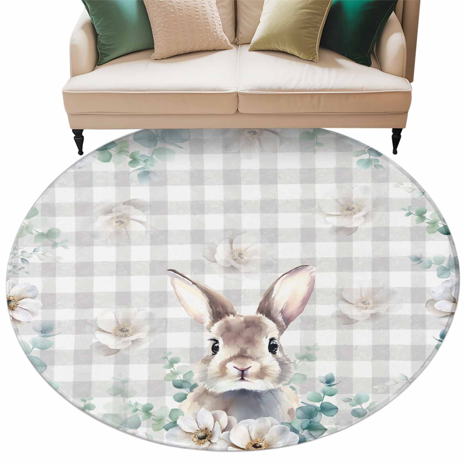 Easter Rabbit Washable Round Area Rug 8 ft, Watercolor Bunny White ...