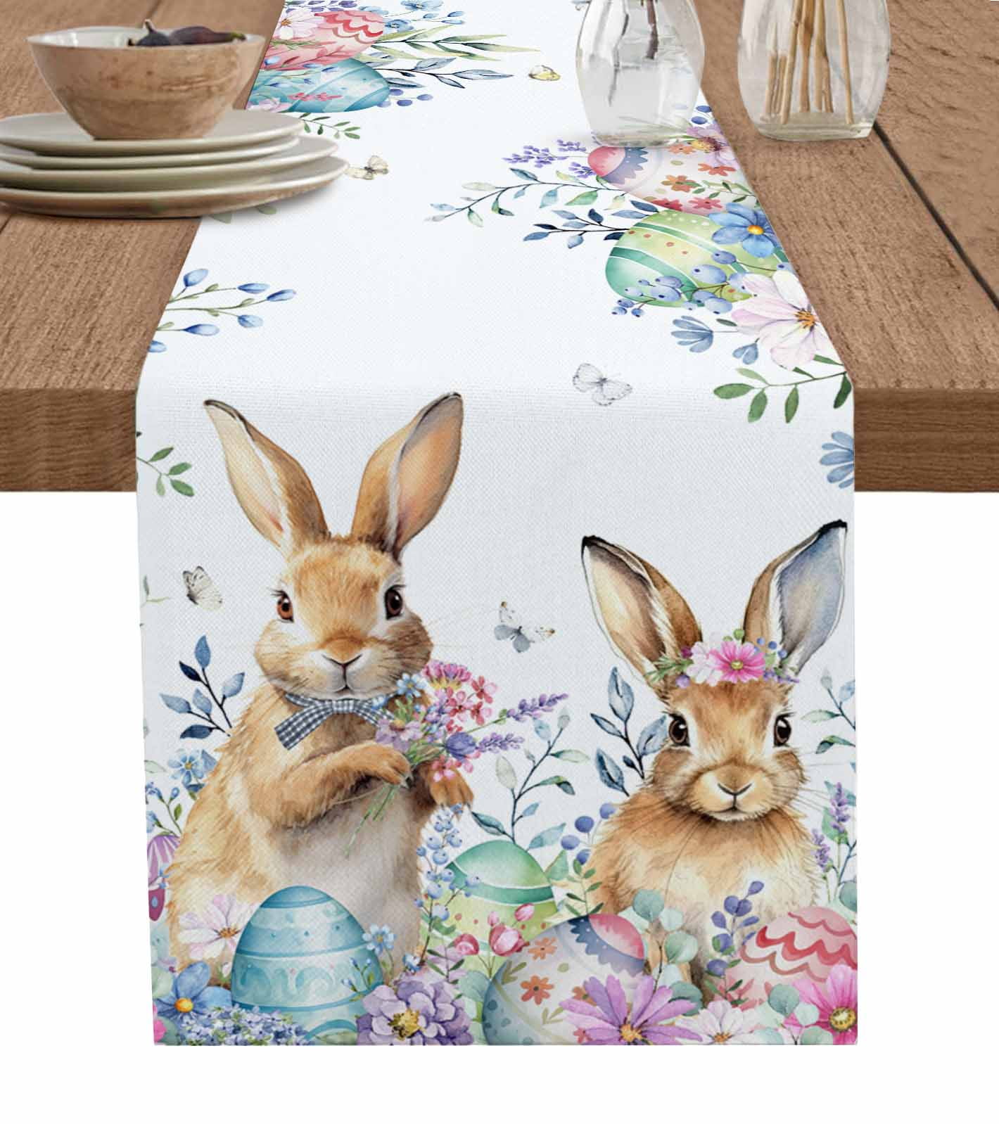 Easter Rabbit Watercolor Flowers Retro Table Runner Wedding r Table ...