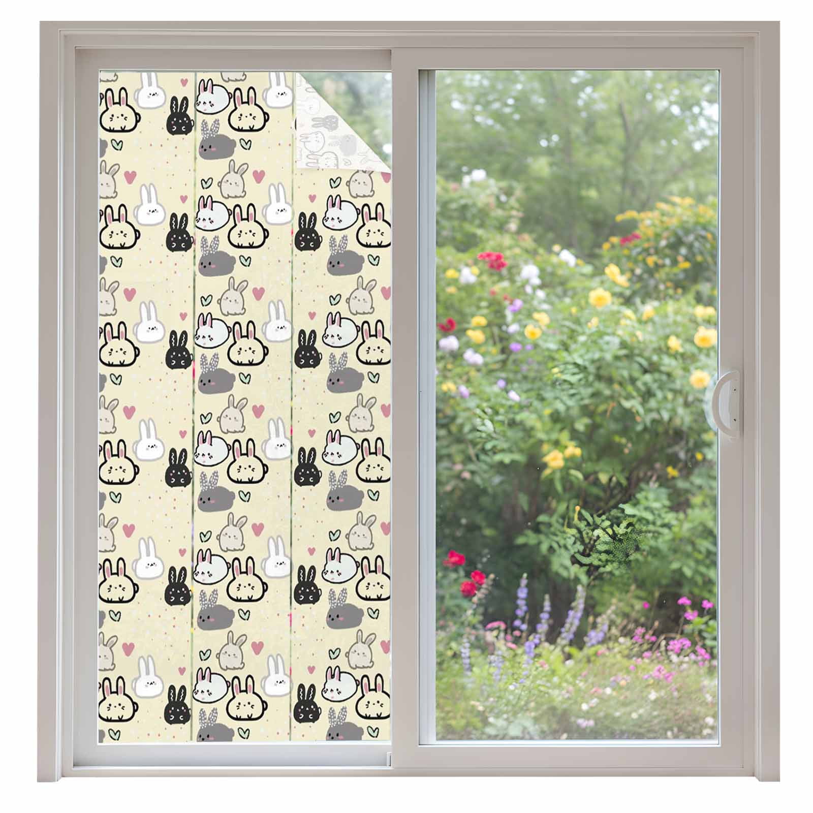 Easter Rabbit Window Privacy Film, Cartoon Cute Bunny Sketch on Yellow ...