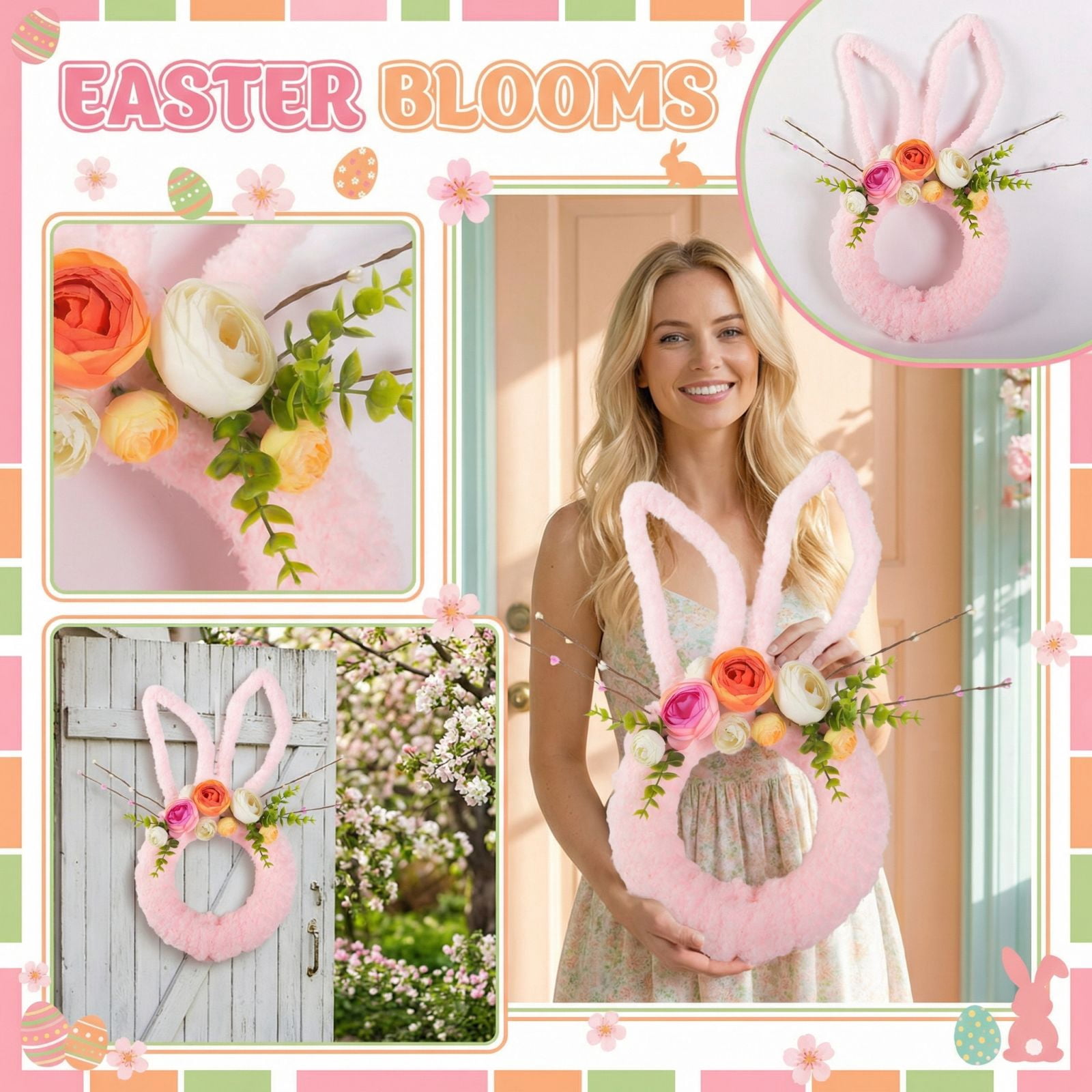 Easter Rabbit Wreath Decor - 14.96" Artificial Spring Bunny Head Shaped ...