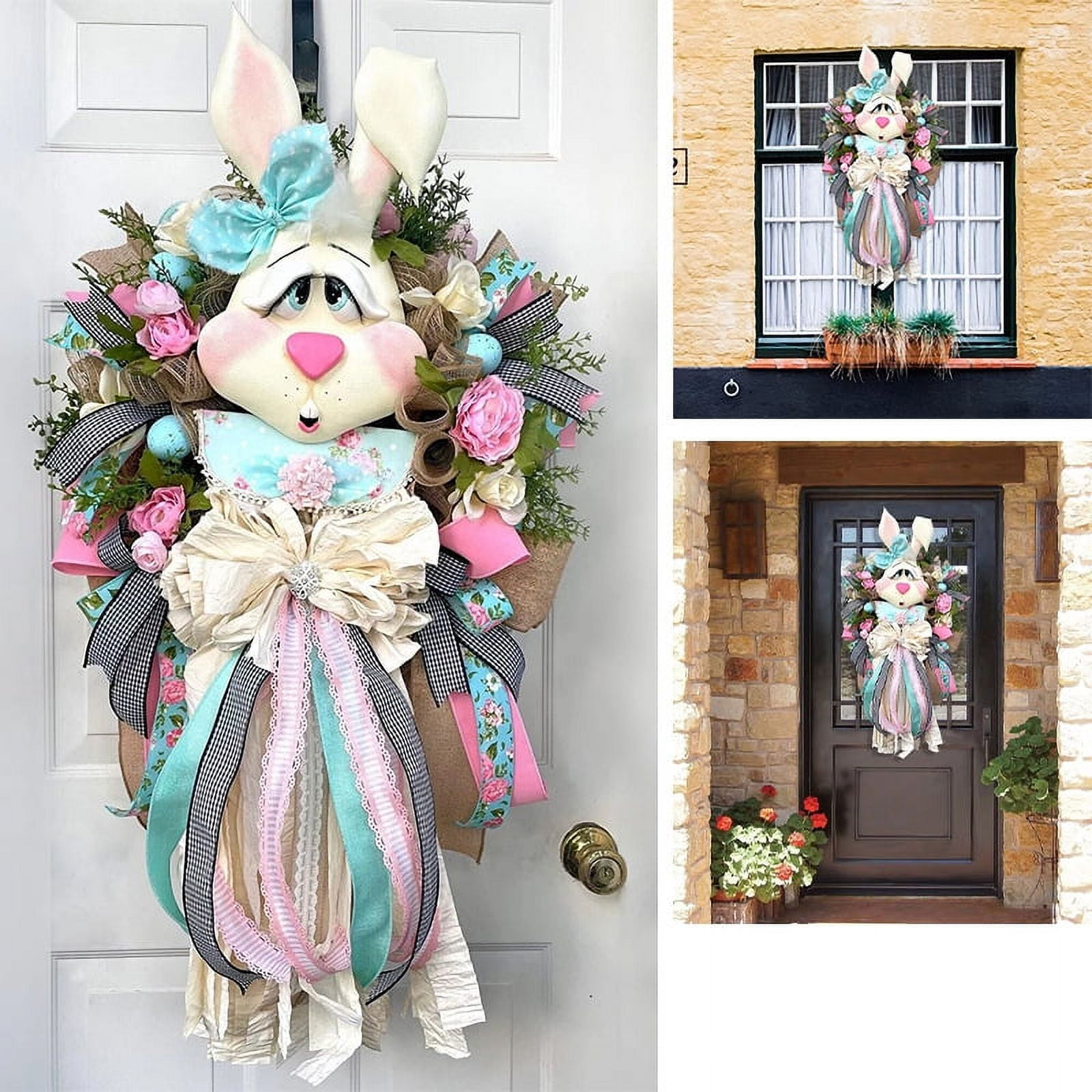 16-Inch Easter Bunny Wreath for Outside Front Door, Decorative Rabbit ...