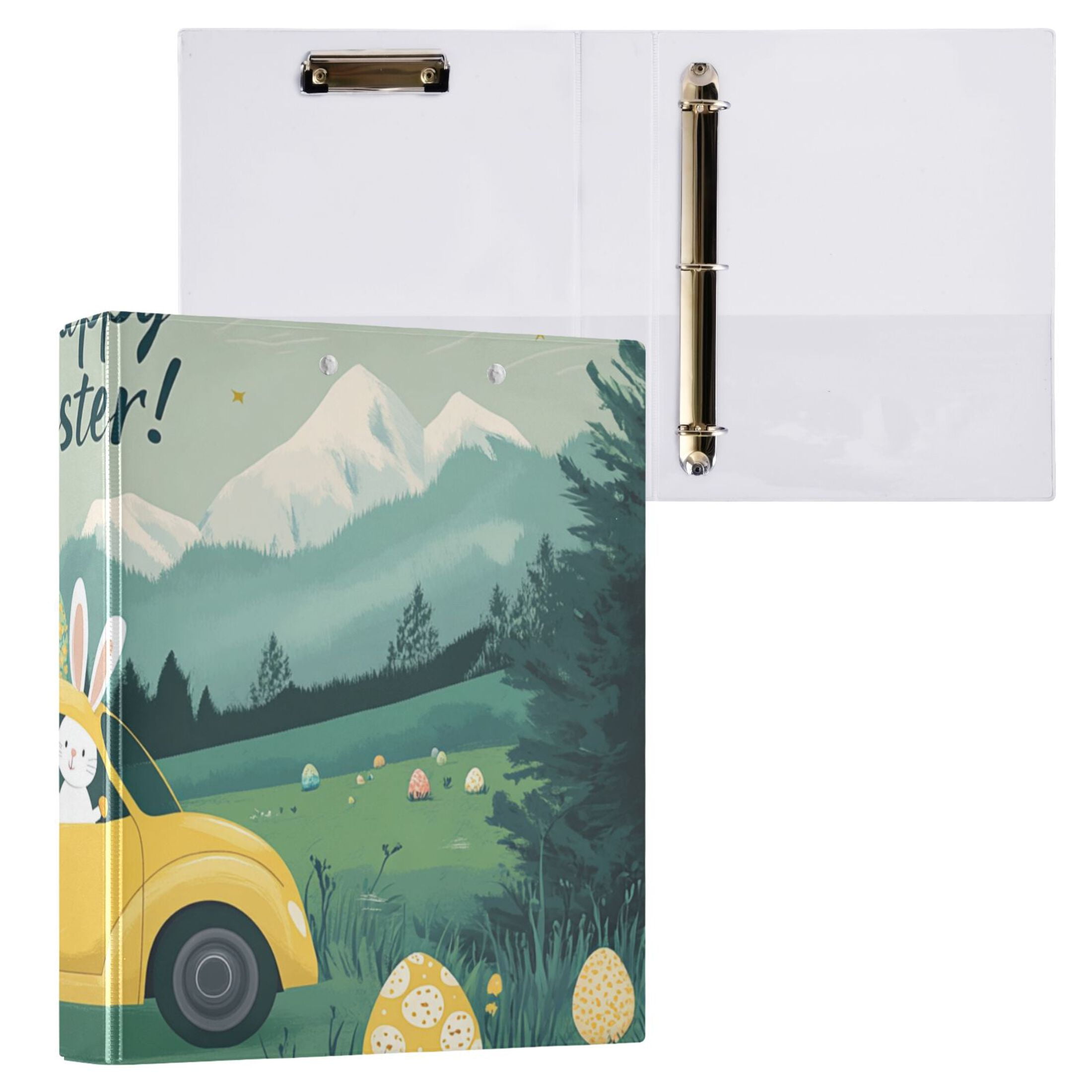 Easter Rabbit on Car with Eggs Round Ring Binder 3 Rings 1.5" Capacity ...