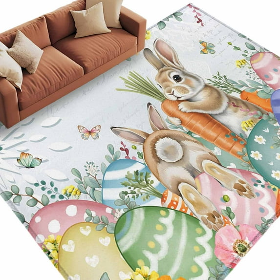 Easter Rabbits Area Rugs 6x9ft Spring Bunny Eggs Floral Leaf Blue ...